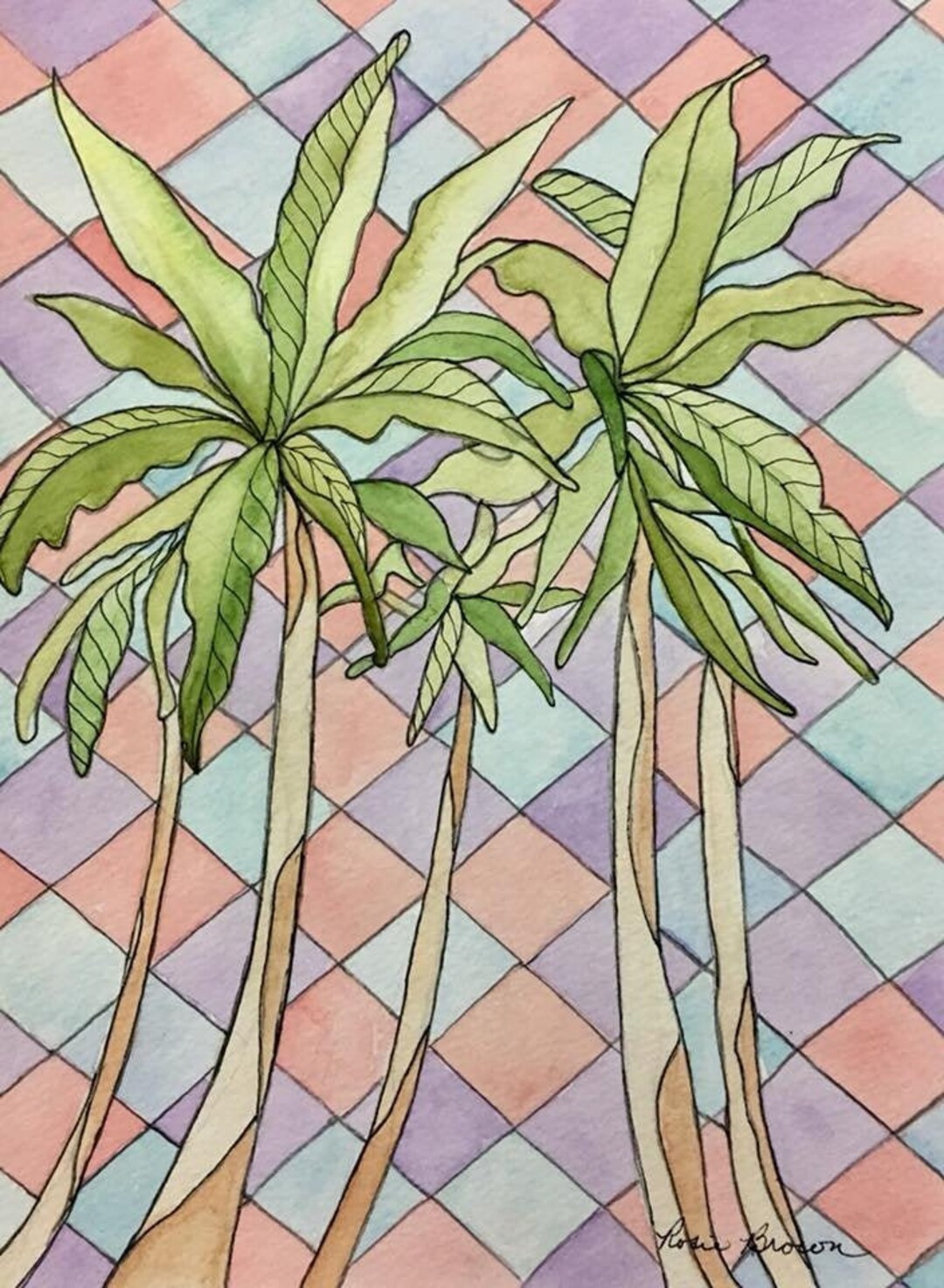 Deco Palms Original Watercolor Art Painting 11 X 8 Tropical Nature ...