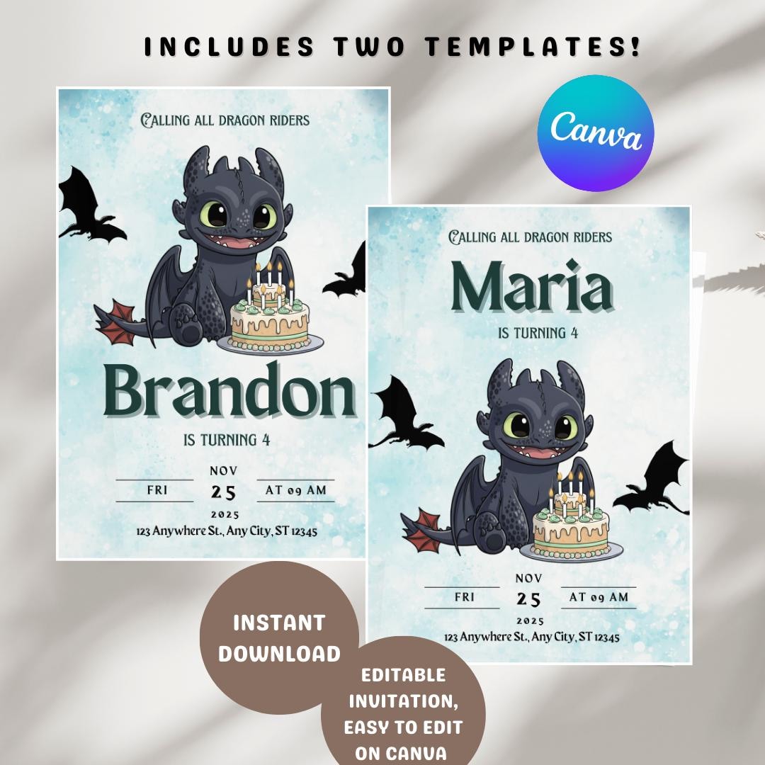How to Train Your Dragon Birthday Invitation: Toothless Editable Canva ...