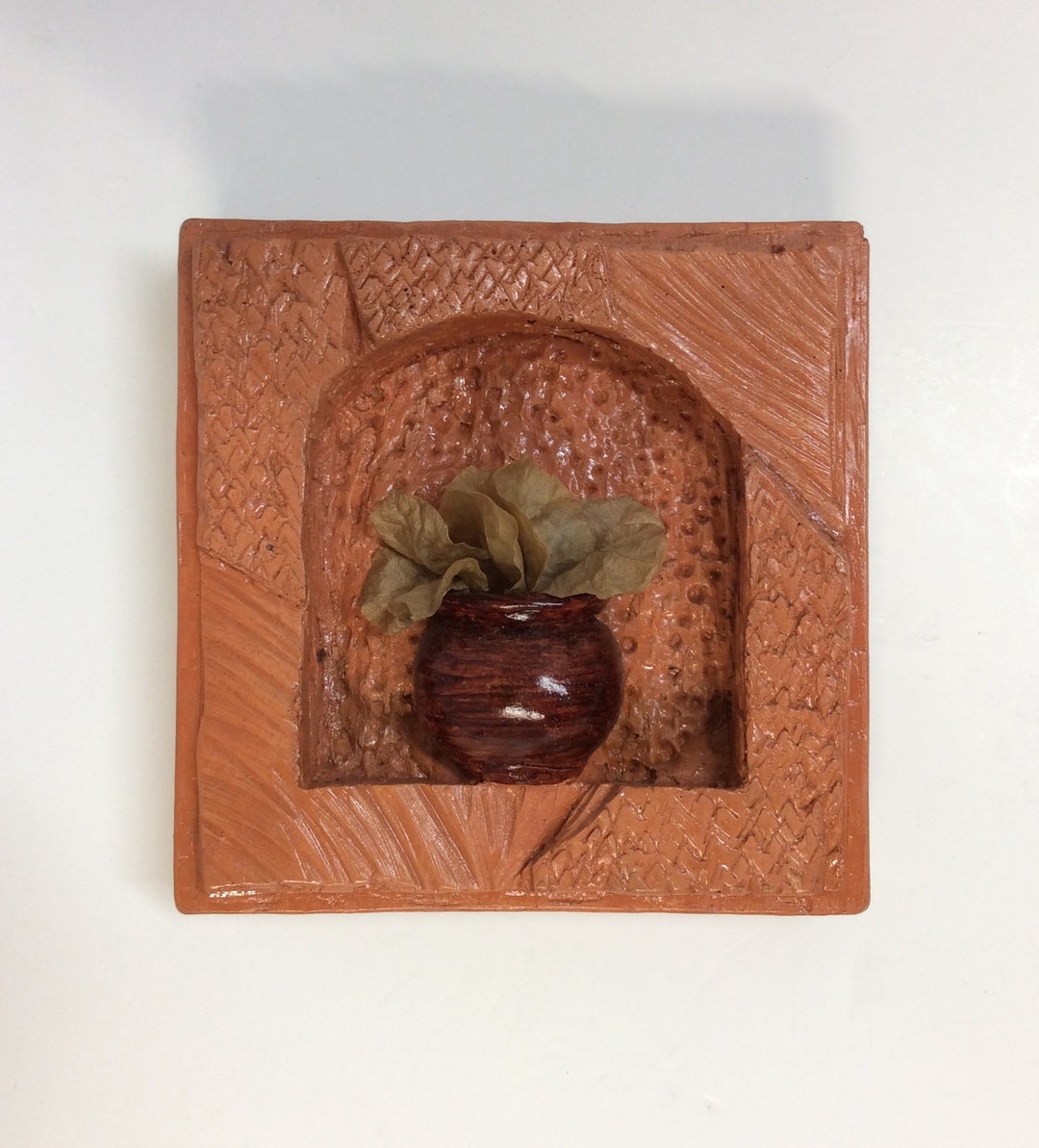 Cast Stone Flower Pot Block Original Signed Wall Sculpture for Interior ...