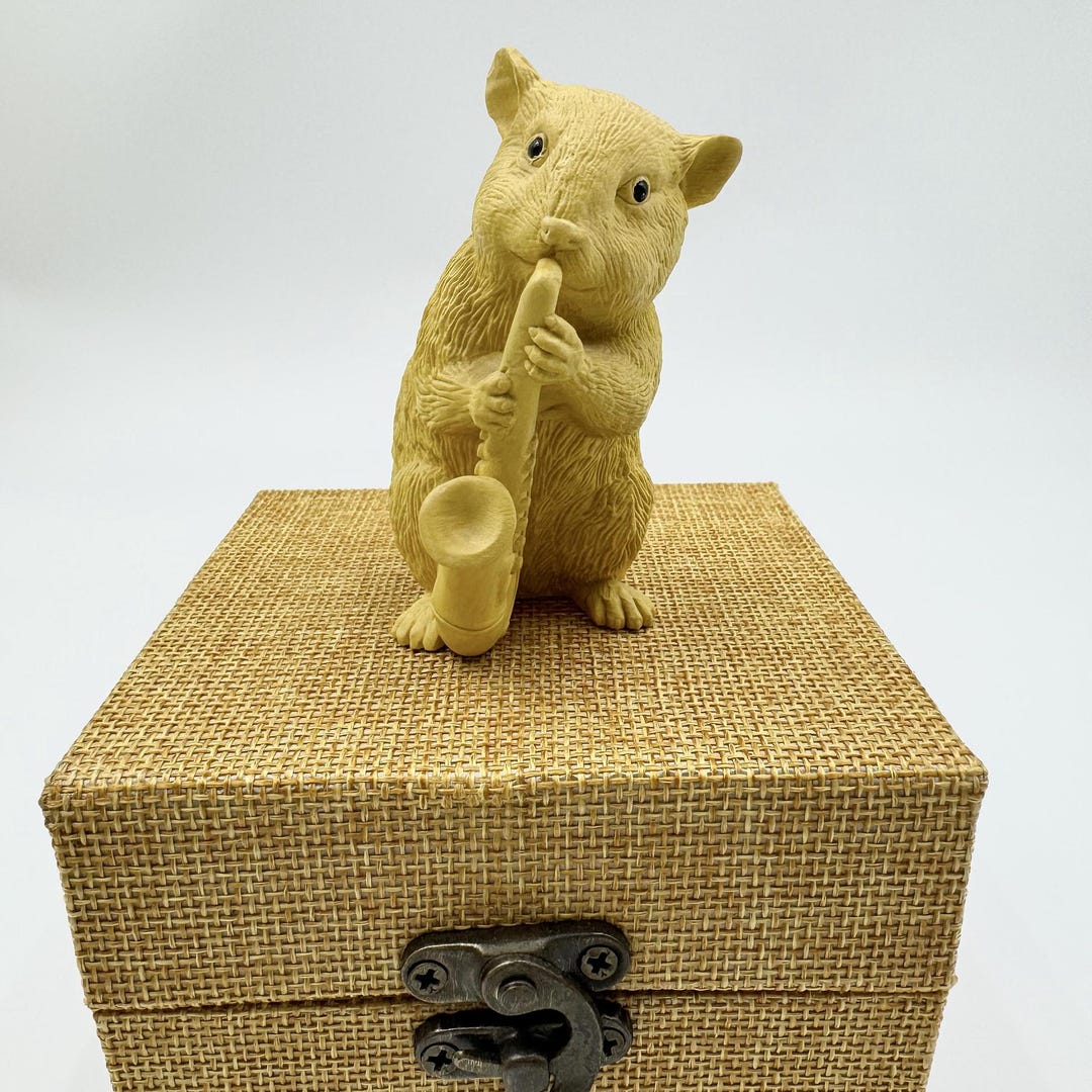 Hand Carved Wooden Mouse Figurine,handmade Cute Mouse Playing Saxophone ...