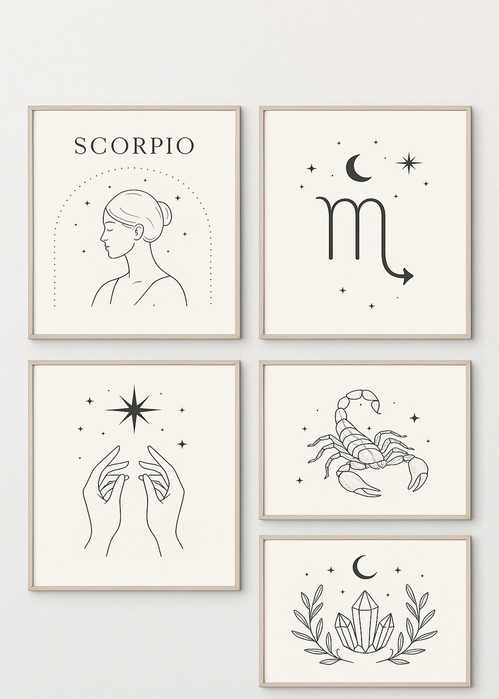 Scorpio Zodiac Wall Art Set – Mystic Line Art Prints | Minimalist ...