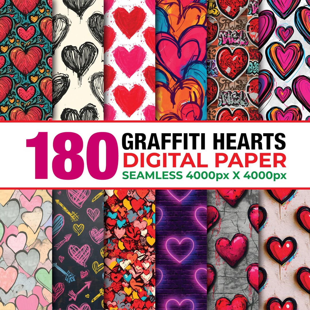 200 Graffiti Hearts Seamless Digital Paper, Neon Hearts Paper, Seamless ...