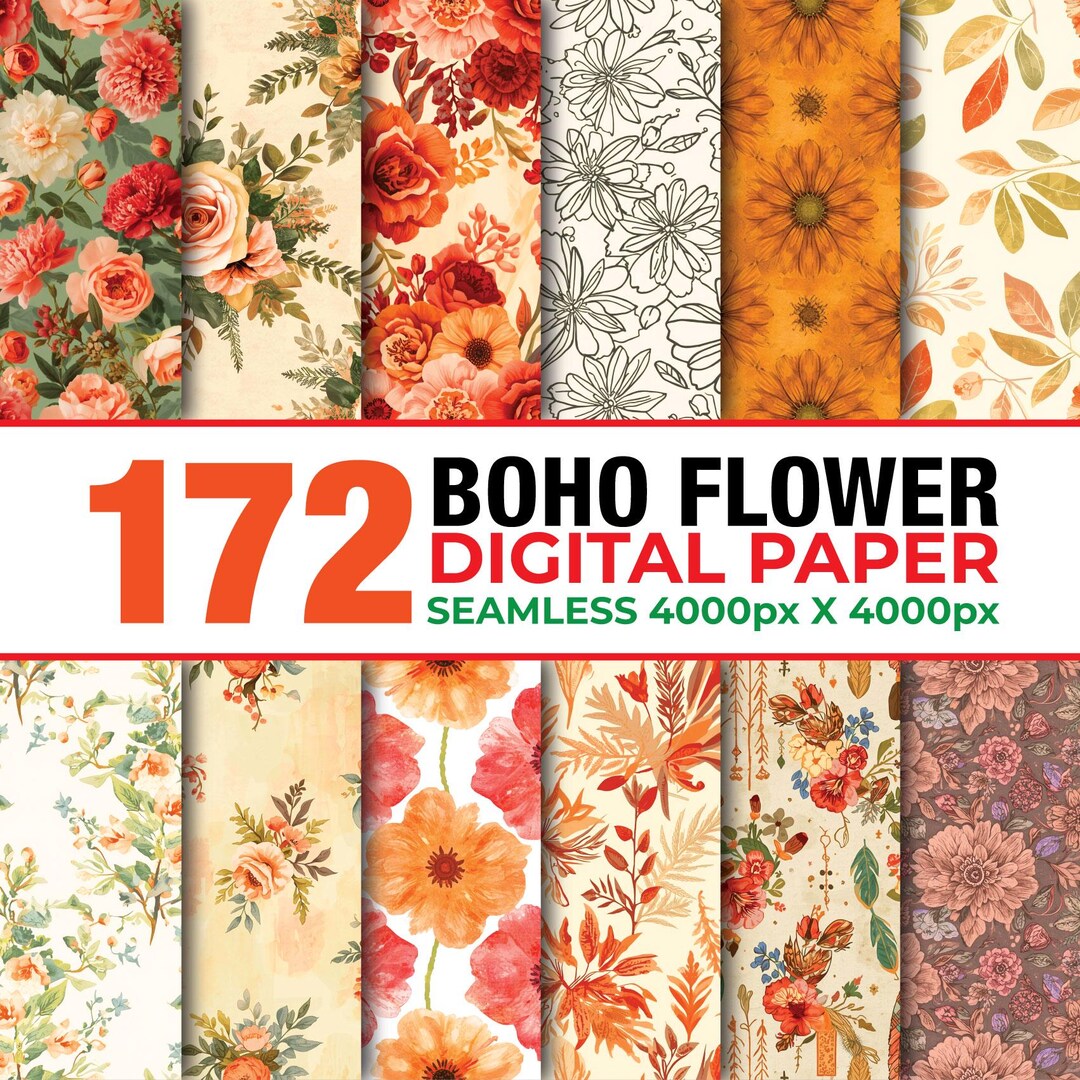 172 Boho Flowers Seamless Digital Paper, Boho Floral Paper, Watercolor ...
