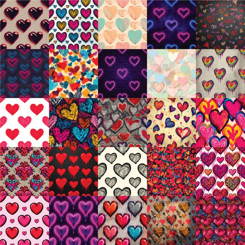 200 Graffiti Hearts Seamless Digital Paper, Neon Hearts Paper, Seamless ...