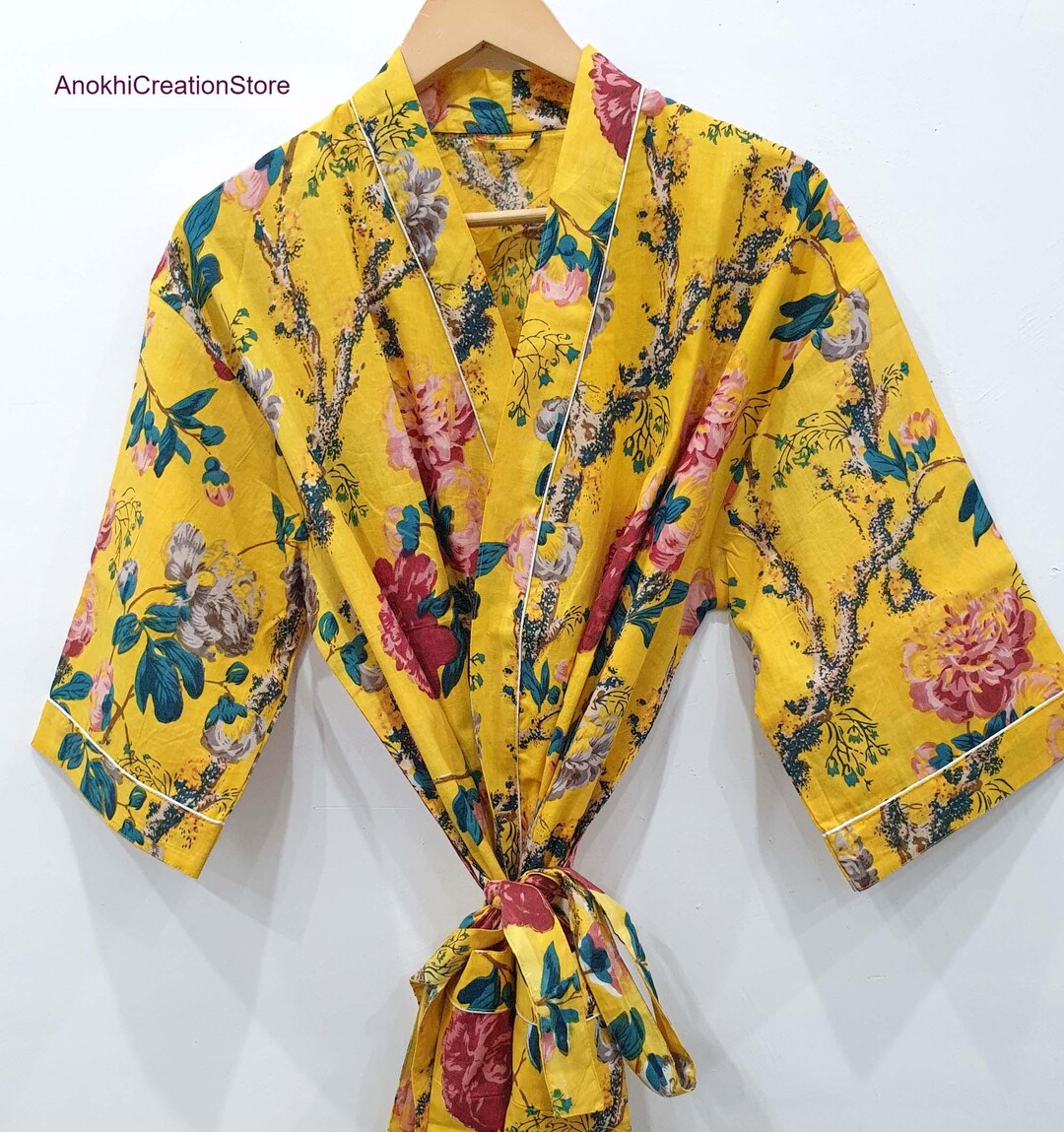 Yellow Color Cotton Kimono Robes | Party Wear Robes | Women Beach Wear ...