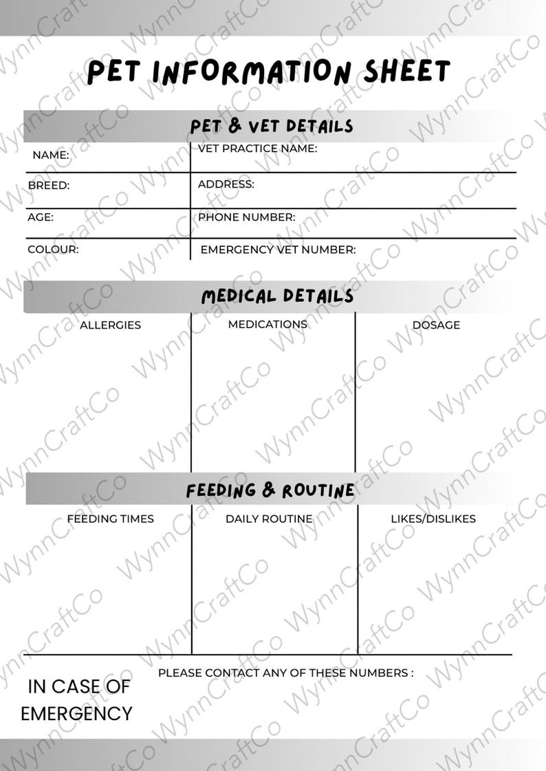 Pet Emergency Info Sheet | Printable PDF | Dog and Cat Emergency ...