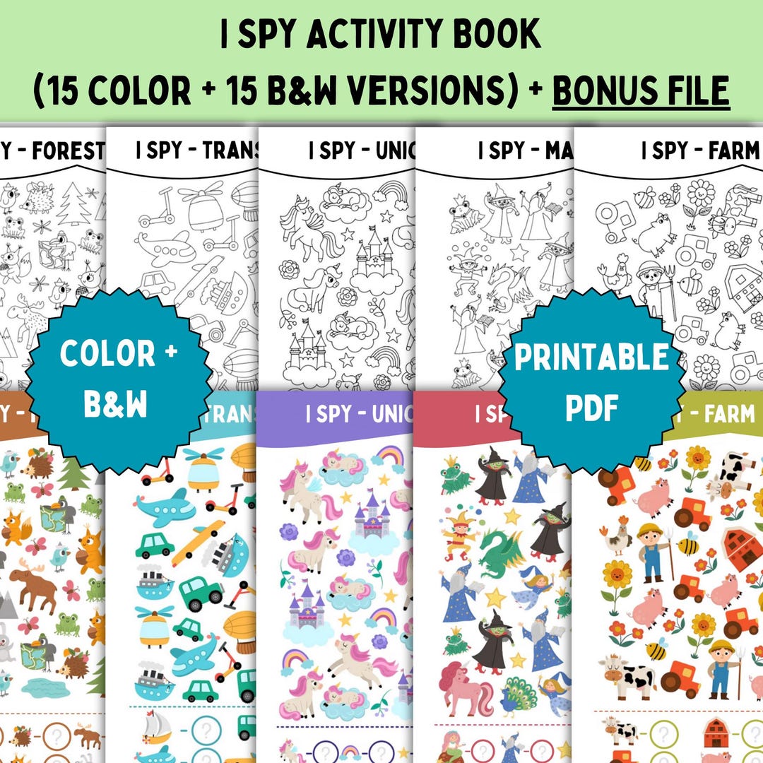 I Spy Worksheets for Kids – 25 Themes + Black and White Coloring ...