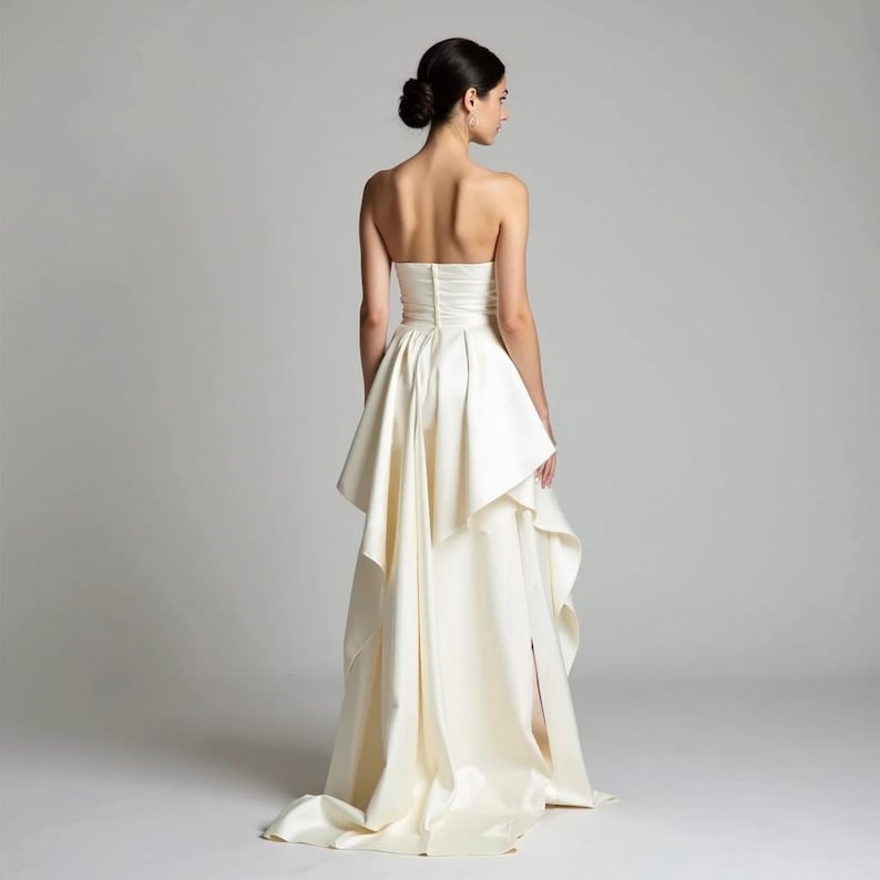 Sculptural Strapless Wedding Gown – Asymmetrical Overskirt With High ...