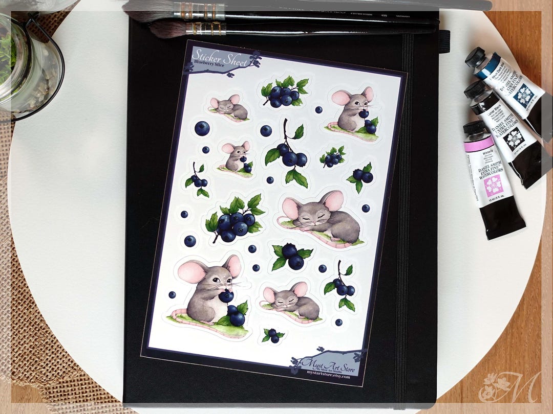 Blueberry Mice Kiss-cut Sticker Sheet | Hand-painted Watercolor Animal ...