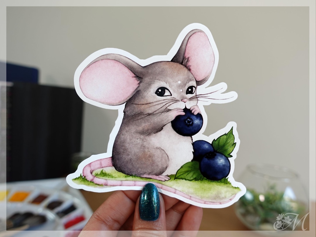 Cute Blueberry Mouse Kiss-cut Sticker | Hand-painted Watercolor Animal ...