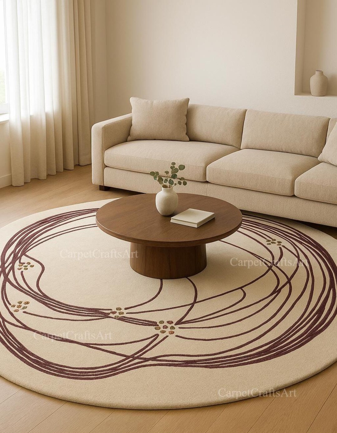 8x8 Round Cream Maroon Line Art Rug – Hand-tufted Wool Modern Carpet ...