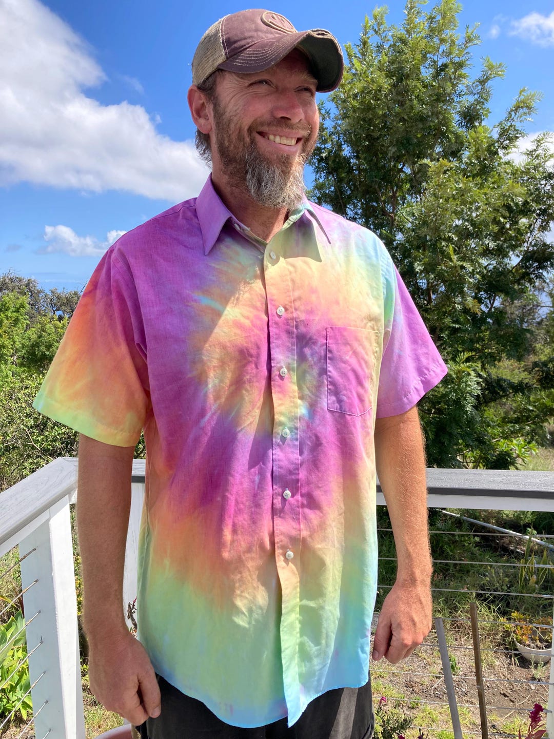 Tie Dye Men's Short Sleeve Button up Shirt | Size Large Upcycled - Etsy