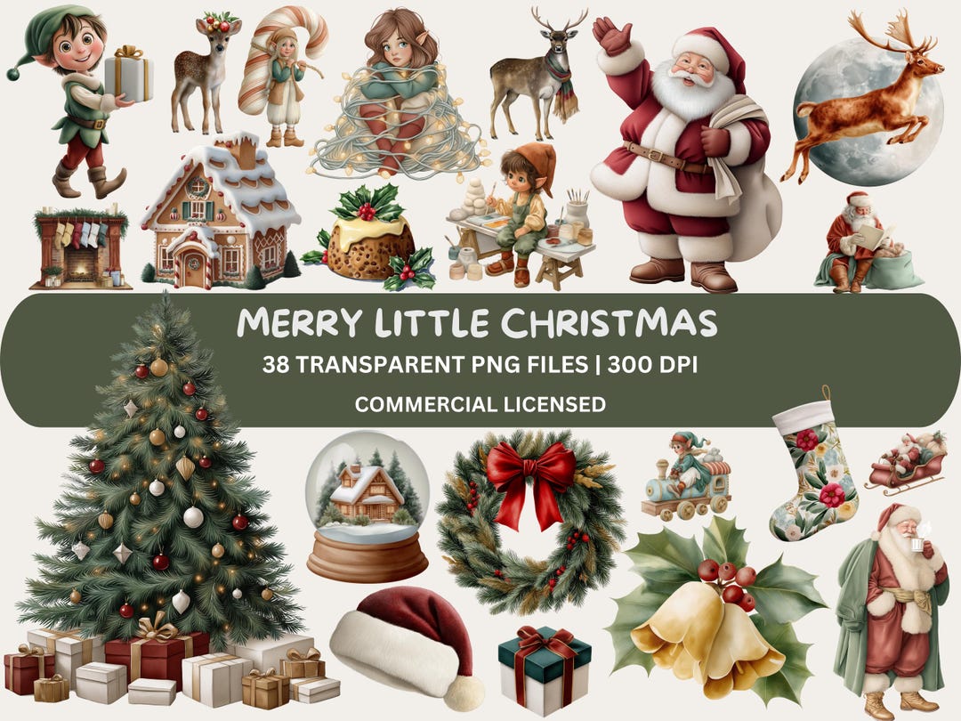 Whimsical Christmas Clip Art Set Watercolor Holiday PNG Bundle Cute ...