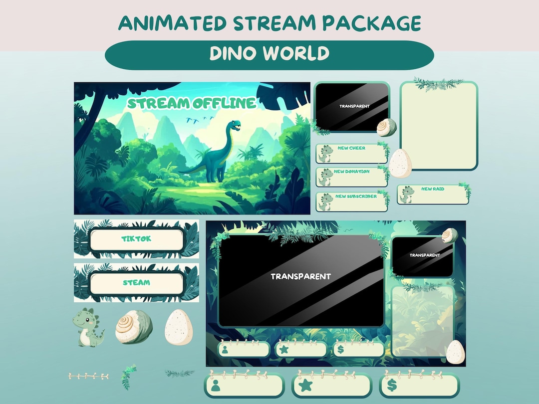Dinosaur Stream Overlay Bundle Animated Twitch Screen Stinger Alerts ...