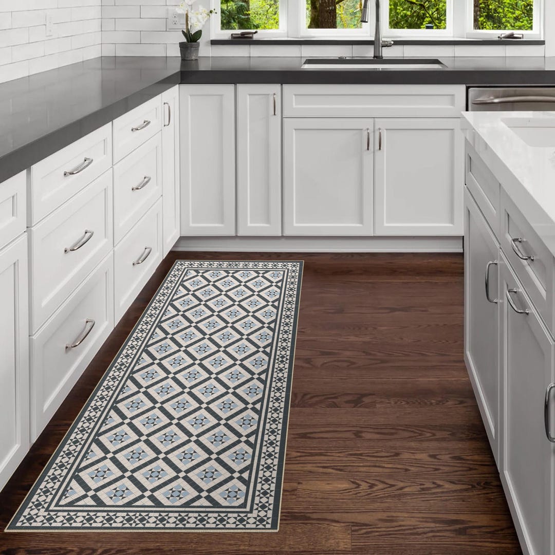 Mosaic Tile Kitchen Runner Rug: Gray & Blue Chenille-polyester Hallway ...