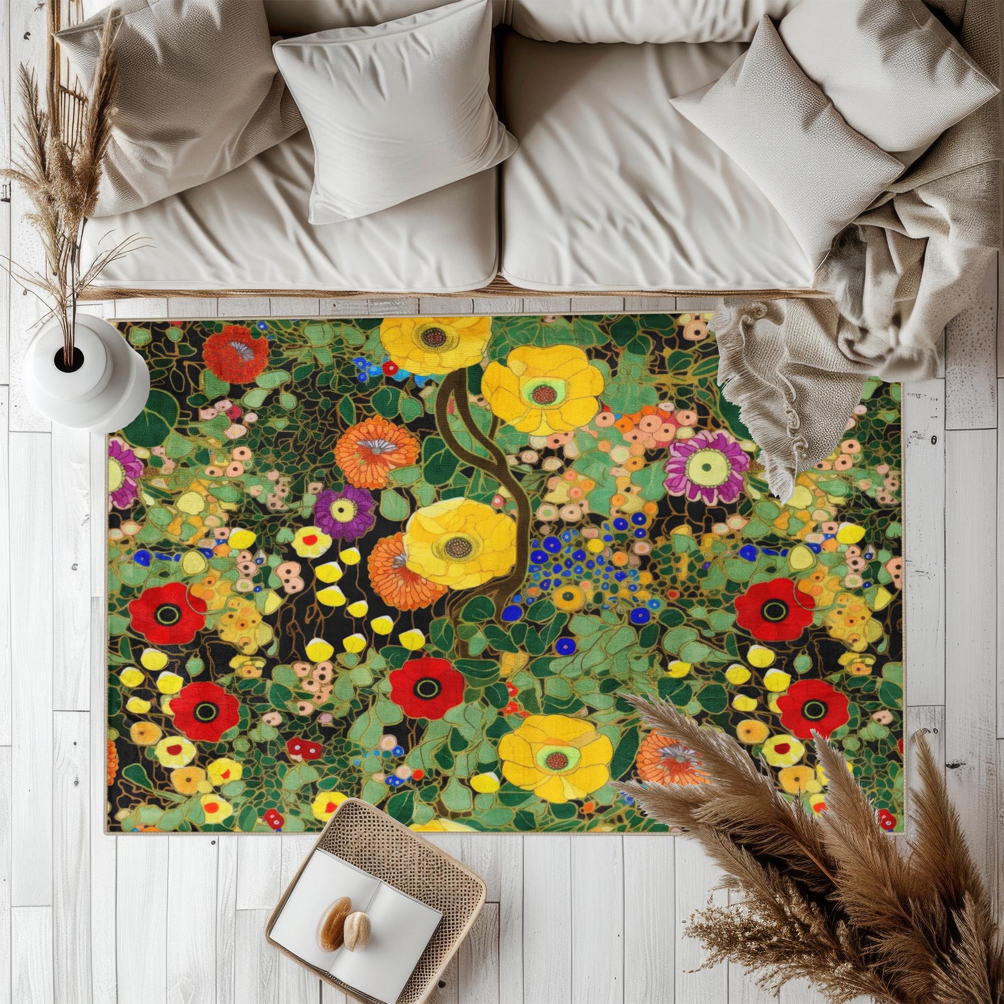 Gustav Klimt Inspired Floral Area Rug With Vibrant Colors and Intricate ...