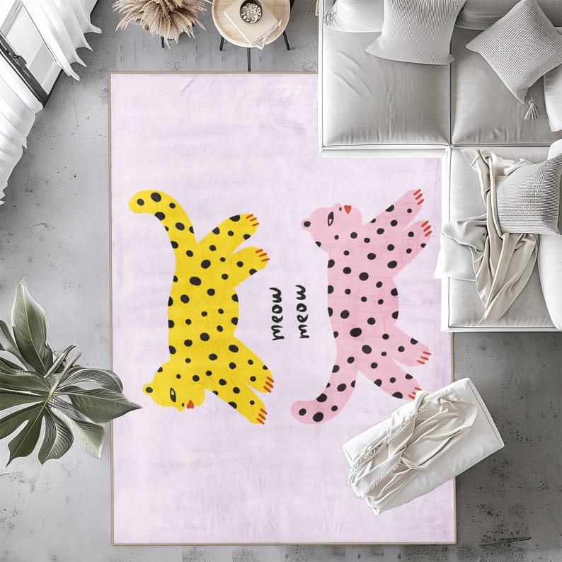 Pink Meow Meow Cat Rug Colorful Spotted Leopard Pattern Area Rug for ...