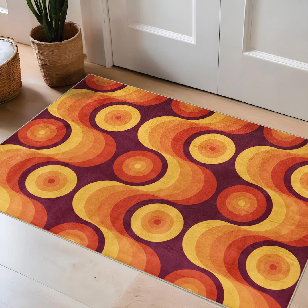 Orange Retro 70s Style Rug With Concentric Circles and Wavy Patterns in ...