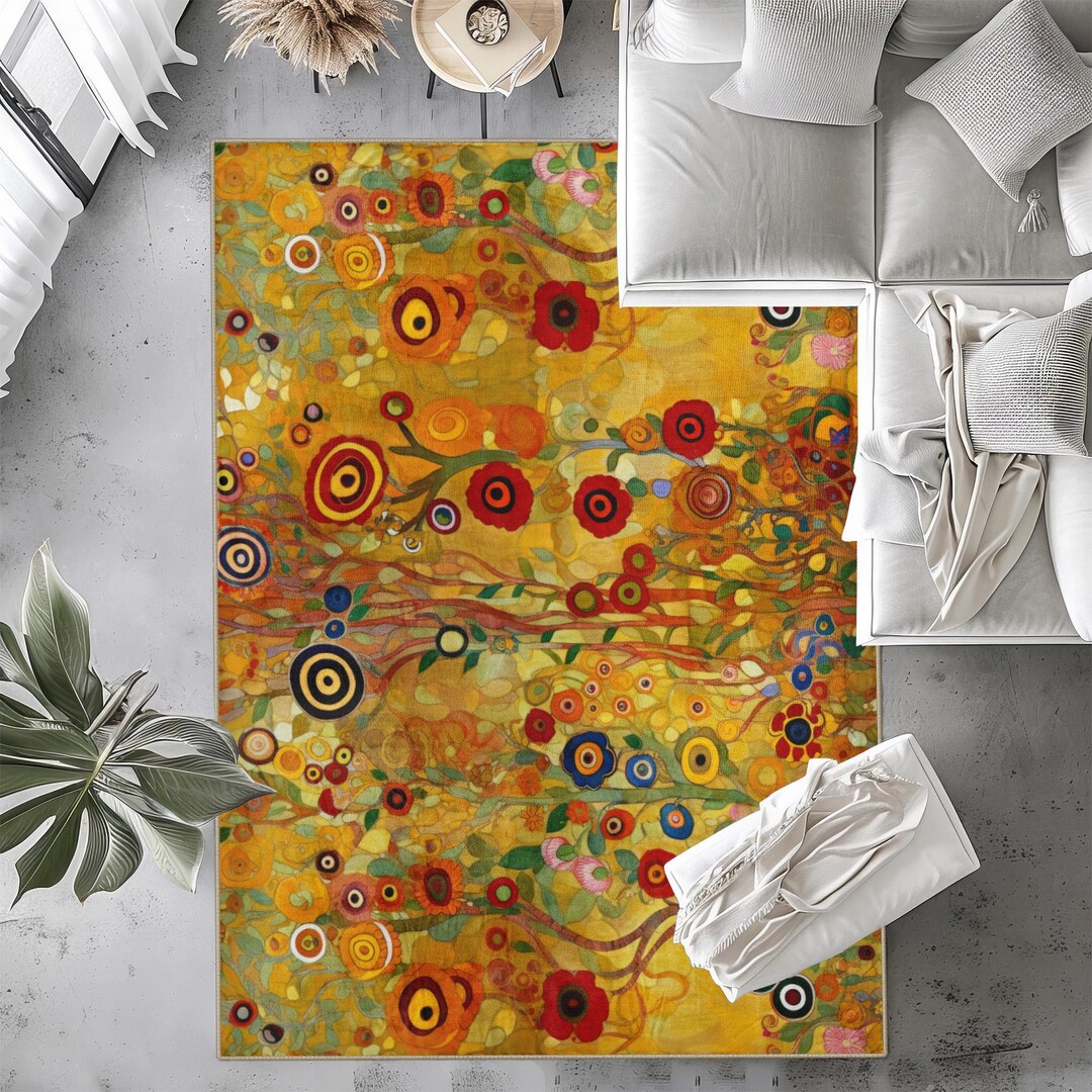 Vibrant Gustav Klimt-inspired Floral Tree Rug Design on a Bright Yellow ...