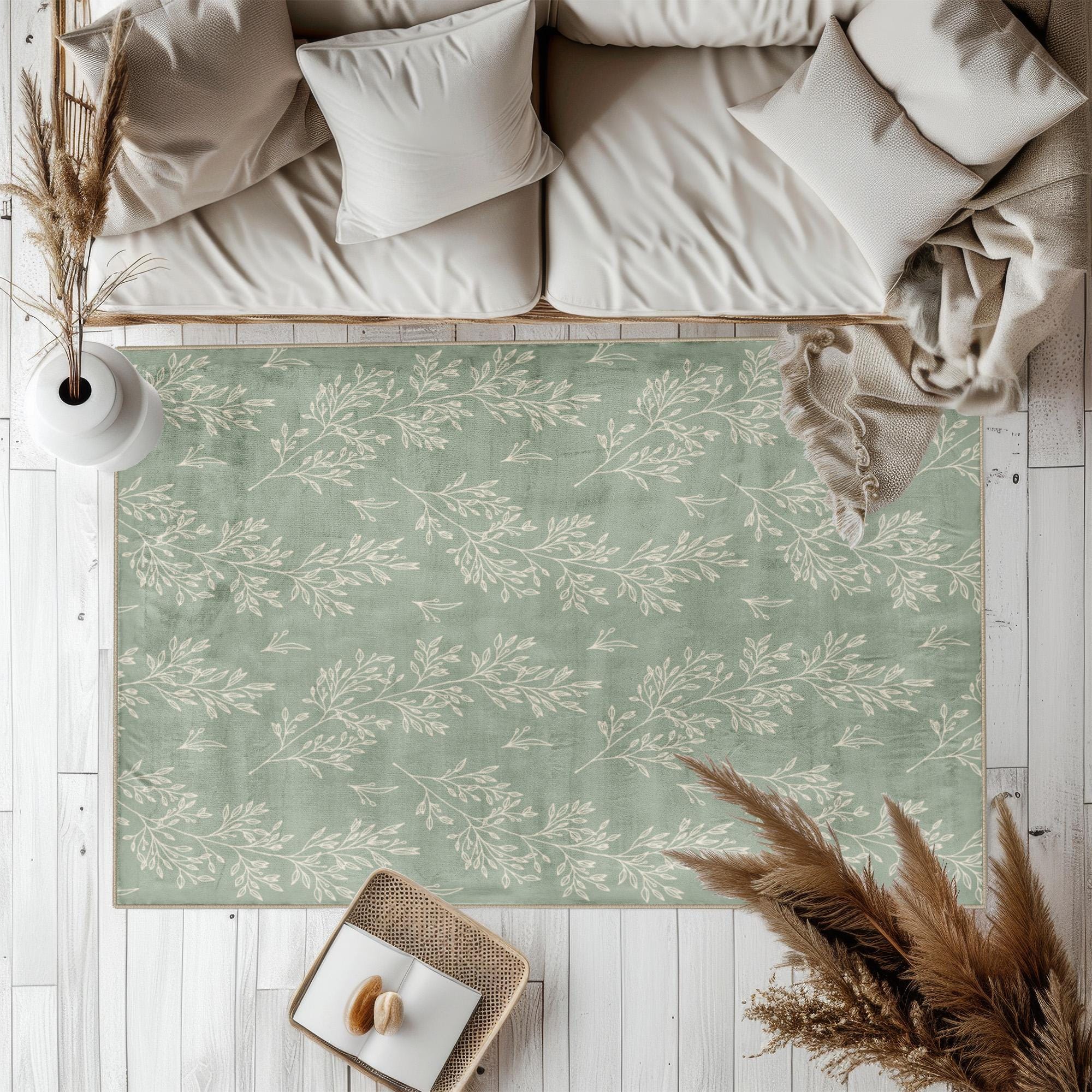 Sage Green Floral Abstract Rug: Art Nouveau Botanical Home Decor - Etsy