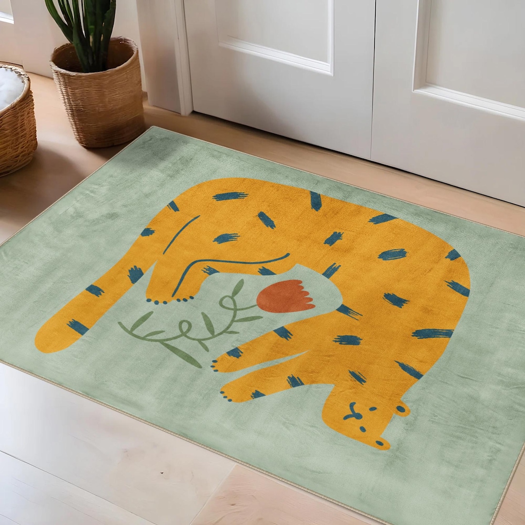 Green Cats Lover Gift, Tiger Pattern Area Rug, Cute and Cuddly Cat ...