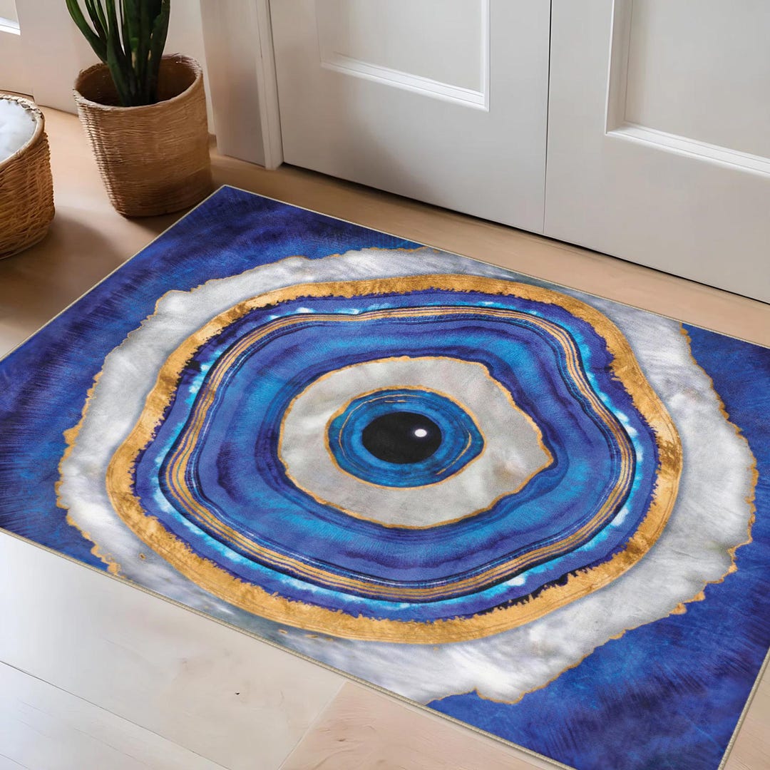 Evil Eye Design Blue Area Rug, Custom Printed Carpet, Non-slip Boho ...