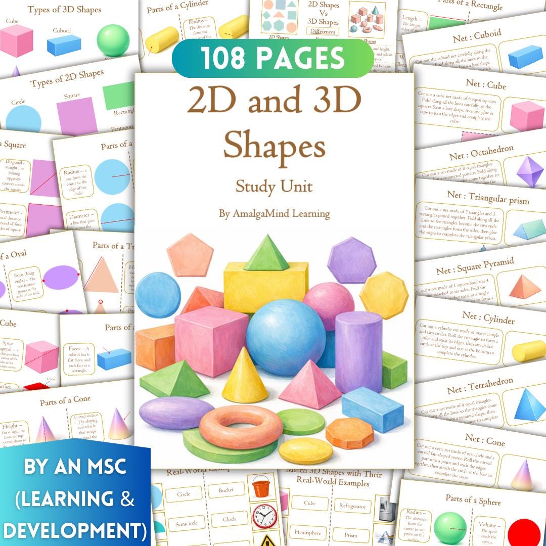 2D 3D Shapes Worksheets Printable Geometry Study Unit Nets Polygons ...