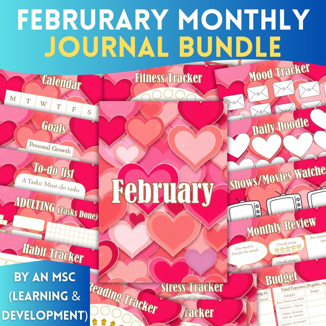 February Journal Bundle, Hearts, Printable, Pre-coloured Planner ...