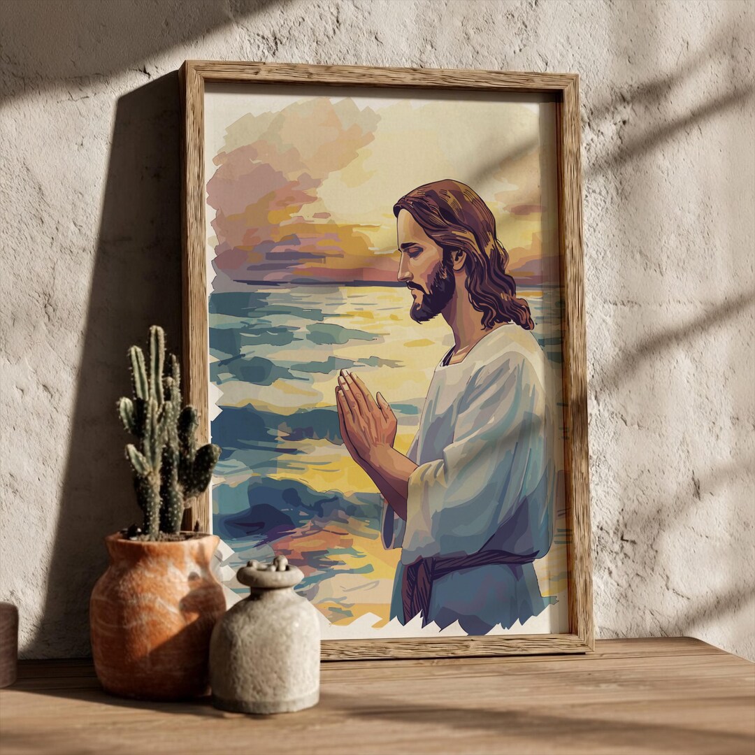 Prayer by the Sea Poster, Ocean Sunset Christian Wall Art, Beach Faith ...