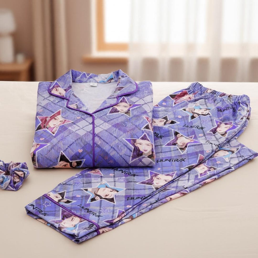 Huntrix Kpop Demon Hunters Satin Pajama Set – Purple Star Pattern ...