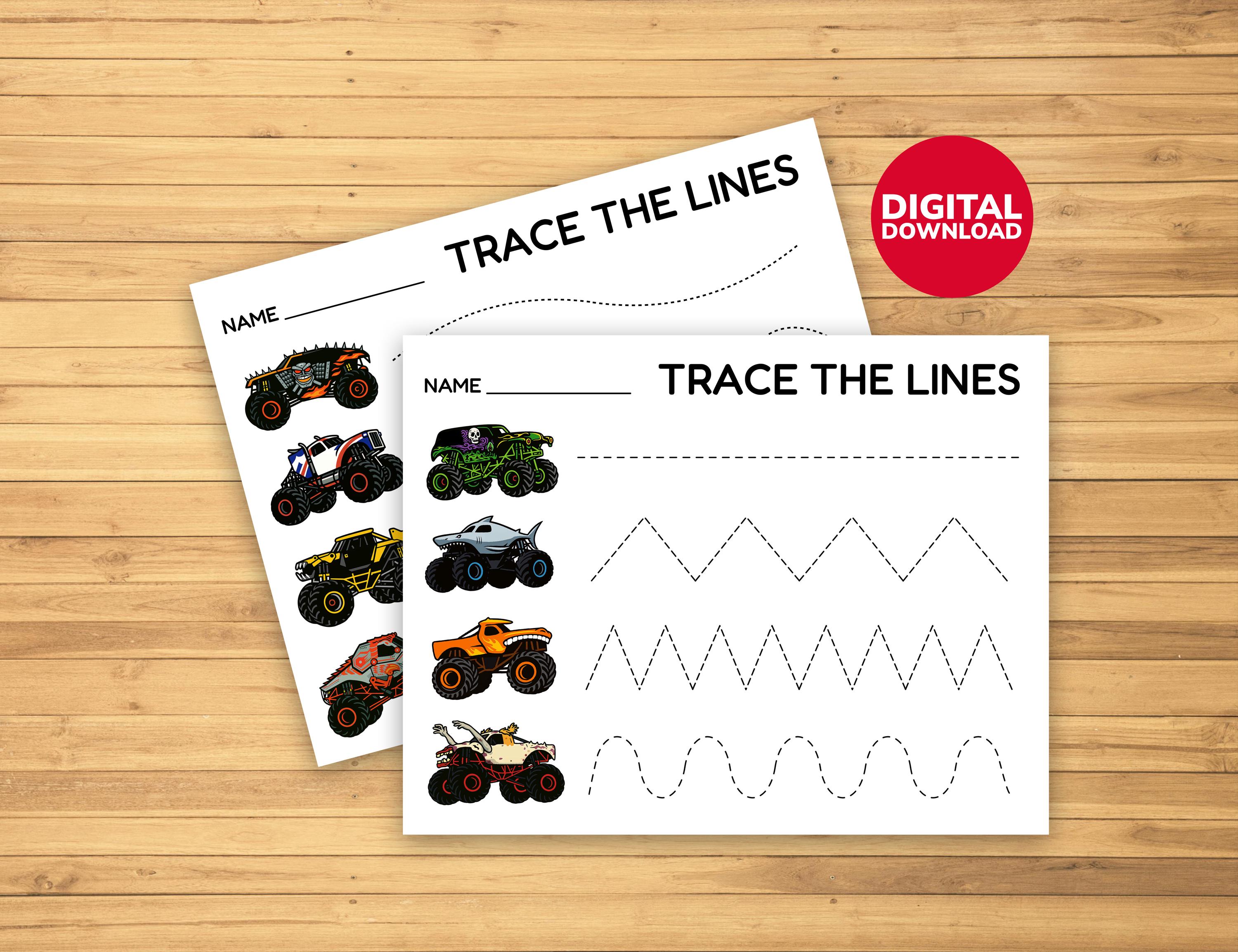 Monster Truck Tracing Worksheets for Toddlers – 3 Page PDF, Preschool ...