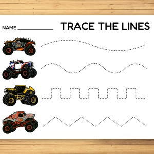 Monster Truck Tracing Worksheets: Preschool Pre-writing Activity (3 ...