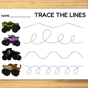 Monster Truck Tracing Worksheets: Preschool Pre-writing Activity (3 ...