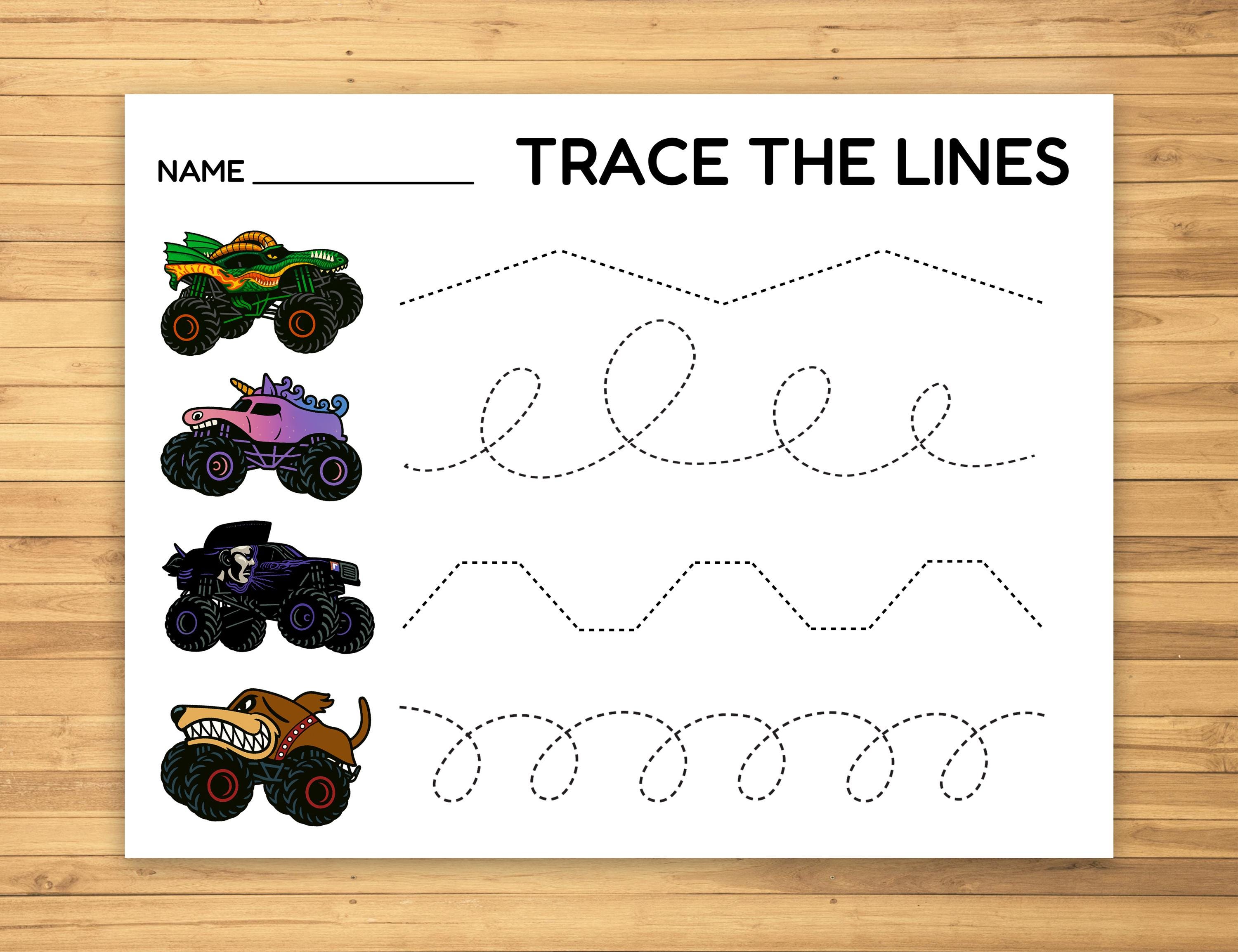 Monster Truck Tracing Worksheets: Preschool Pre-writing Activity (3 ...