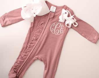 Personalized Olive Green and Pink Newborn Outfit, Custom Name Girl, Coming Home Outfit for Baby ...