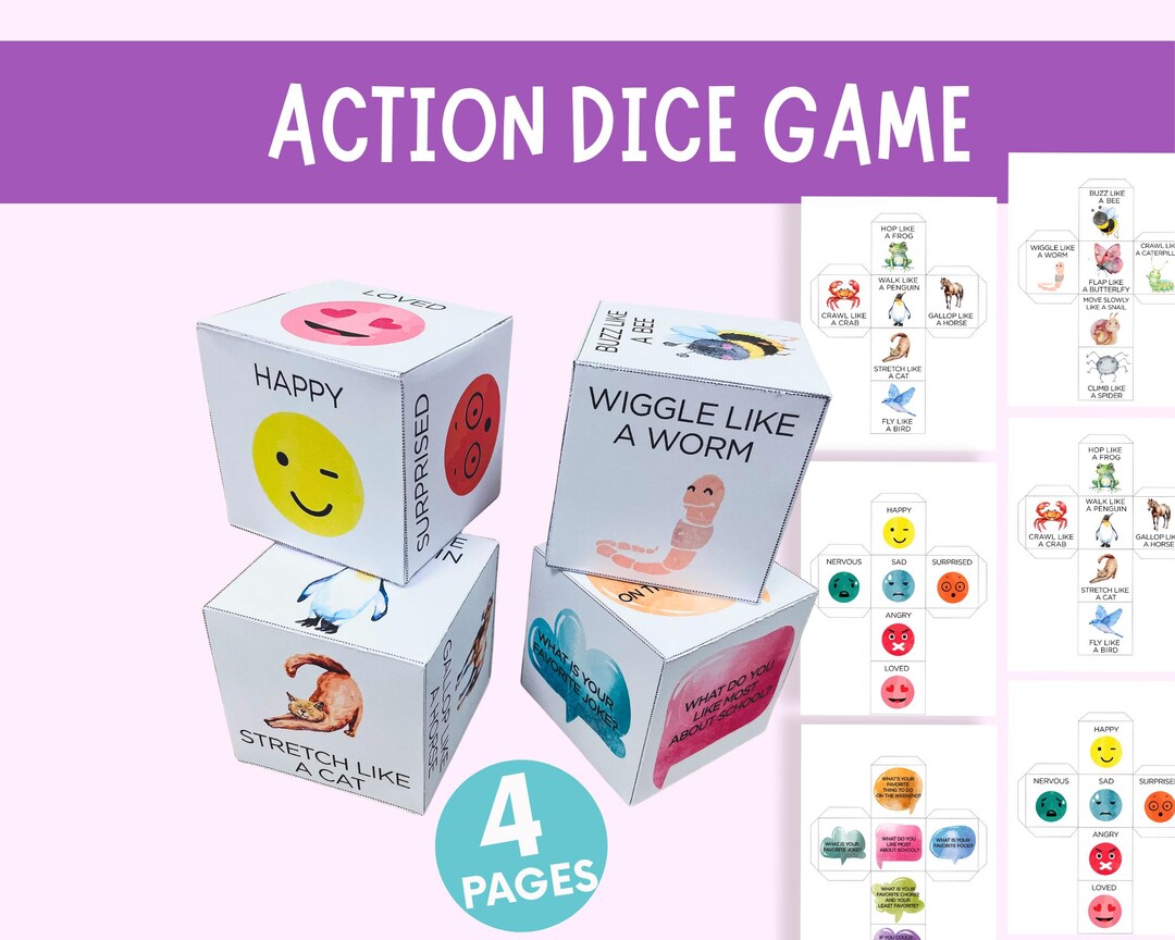 Printable Action Dice Game for Toddlers: Animal, Feelings, & Question ...