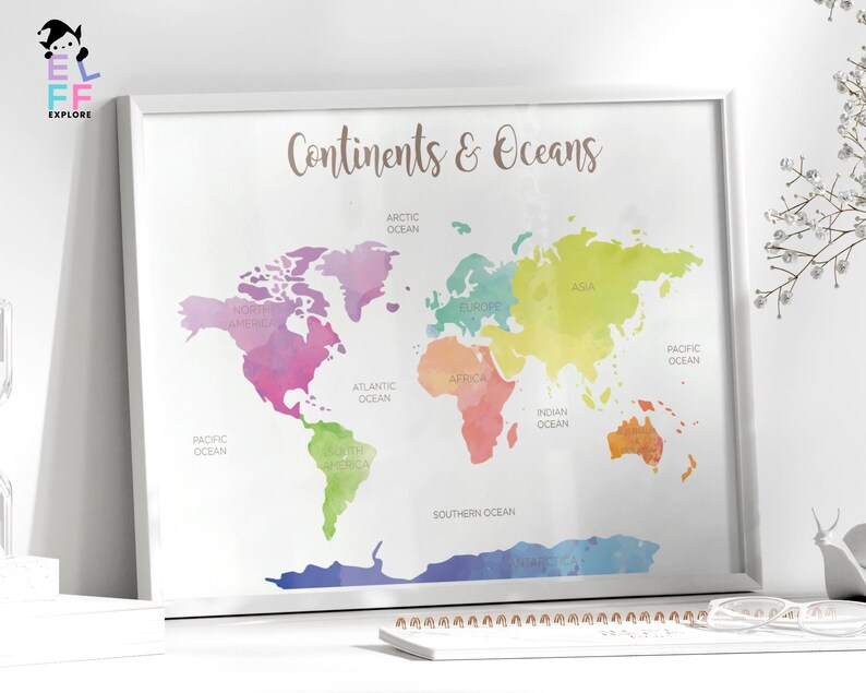 World Map Educational Poster | Continents & Oceans (PDF) - Etsy