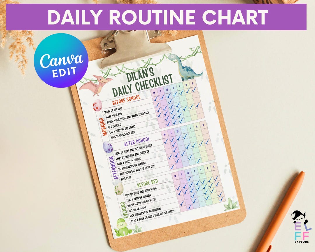 Dinosaur Daily Checklist for Kids, Editable Routine Chart, Printable ...