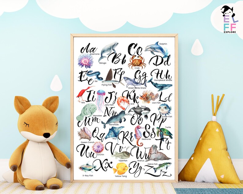 Under the Sea Alphabet Poster, ABC Wall Art for Kids, Montessori ...