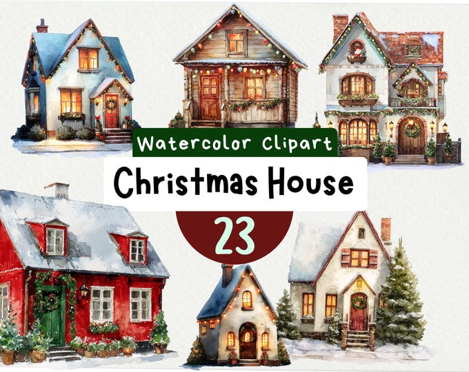 15 Christmas House Clipart Set – Snowy Holiday Homes With Lights ...
