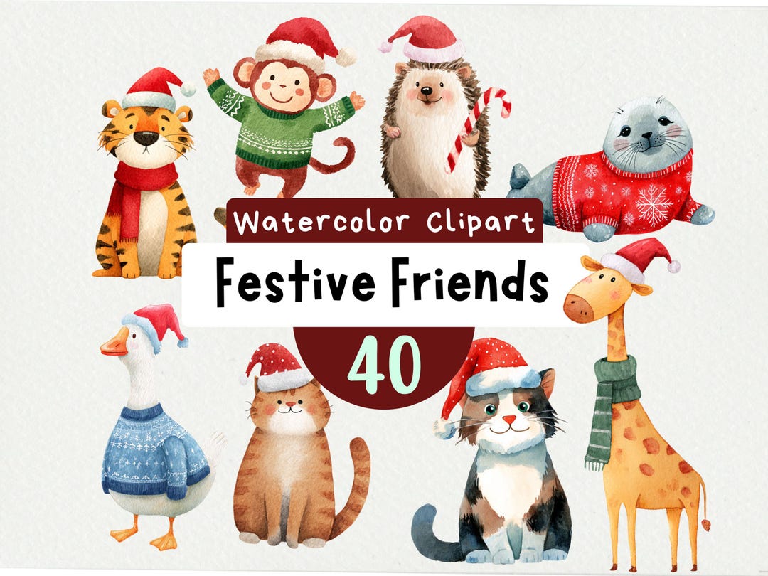 Festive Animals Watercolor Clipart, Christmas Pet Art (40 PNG) - Etsy