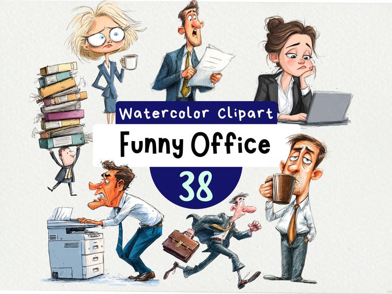 Funny Office Watercolor Clipart – Cartoon Workplace Characters PNG ...