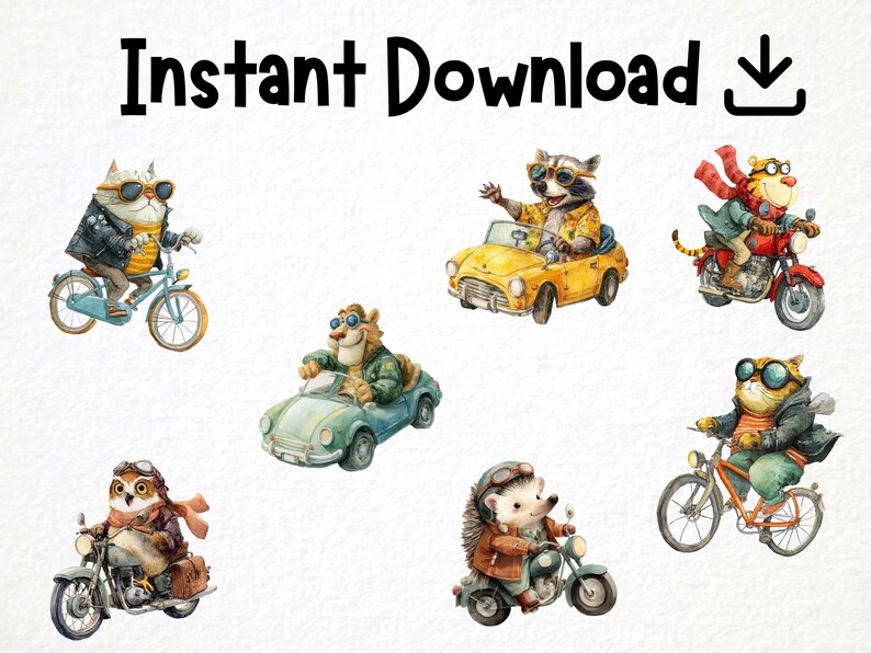 Animals Driving Clipart 37 PNG, Watercolor Animals in Cars and Scooters ...