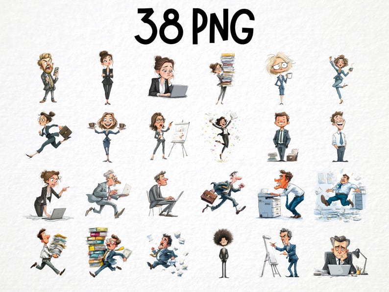 Funny Office Watercolor Clipart – Cartoon Workplace Characters PNG ...