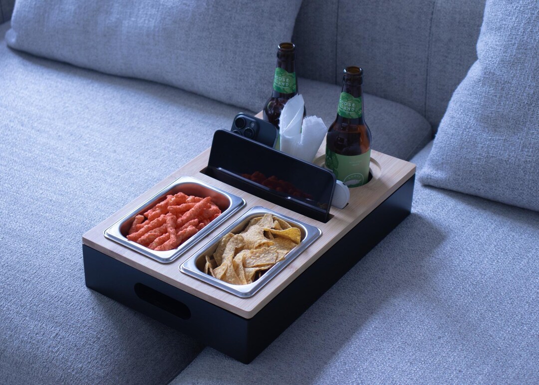 Bamboo Sofa Caddy, Couch Tray With Cup Holders and Snack Bowls, Phone ...