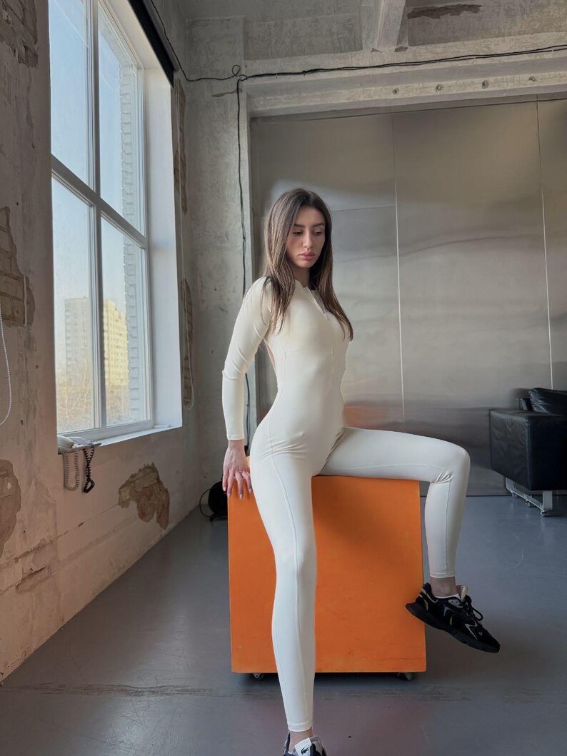 Beige Long Sleeve Workout Jumpsuit | Open Back Push-up Gym Suit | One ...