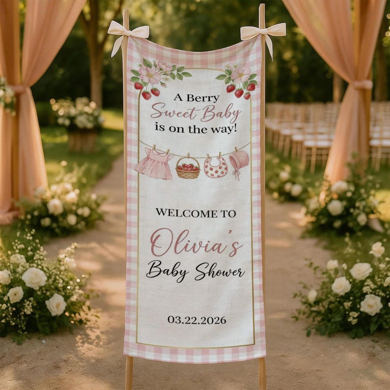Personalized Linen Baby Shower Tapestry: Strawberry Theme Welcome Sign ...
