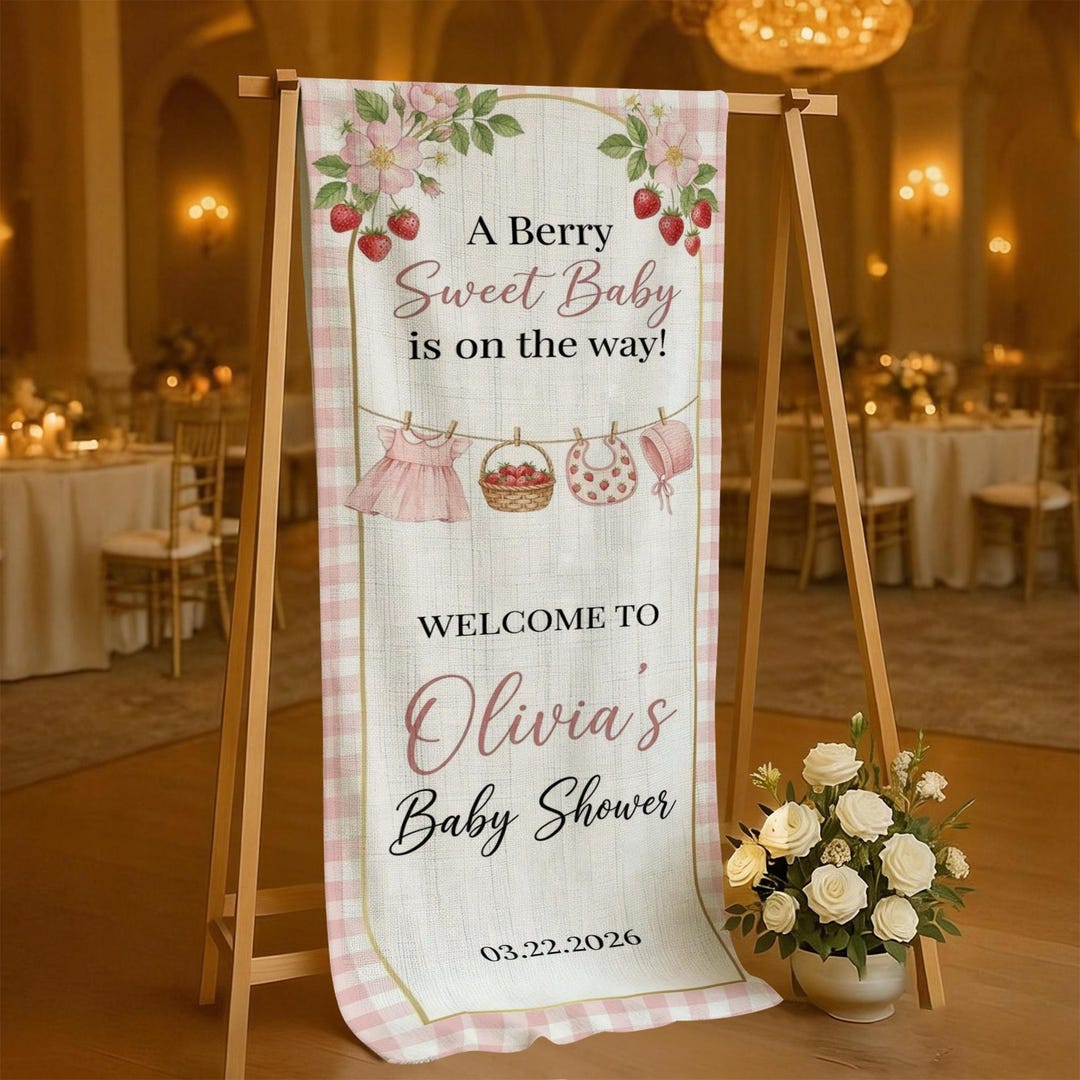 Personalized Linen Baby Shower Tapestry: Strawberry Theme Welcome Sign ...