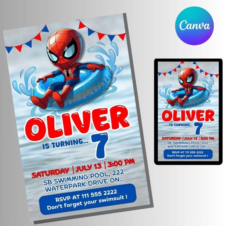Spiderman Pool Party Invitation: Editable Superhero Birthday (digital ...