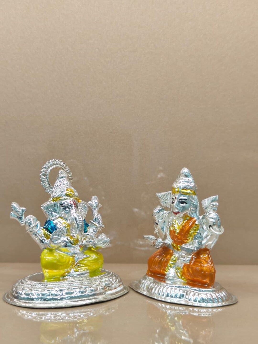 Silver Laxmi Ganesh Idol Set: Meena Work Hindu God Murti, Diwali Pooja ...